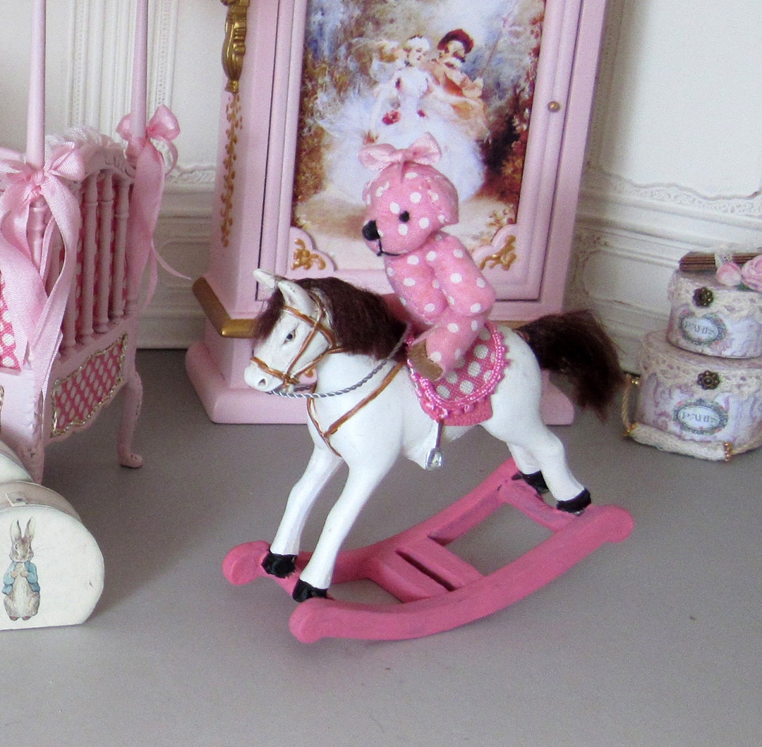 1:12th Scale. Dolls House Pretty Pink Rocking Horse With Teddy for ...
