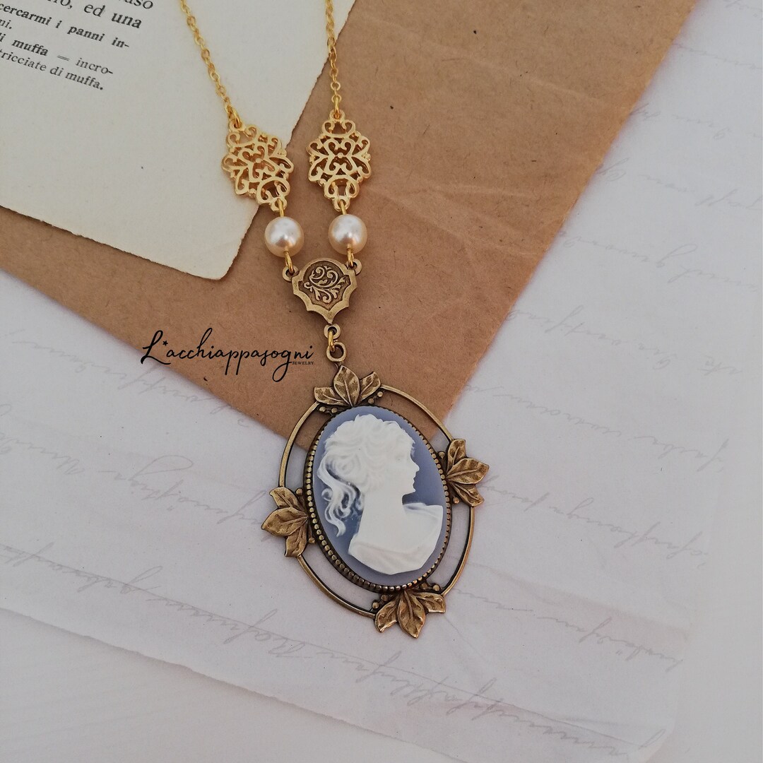 Victorian Light Blue Lady Cameo Necklace: Art Deco Antiqued Brass - Etsy