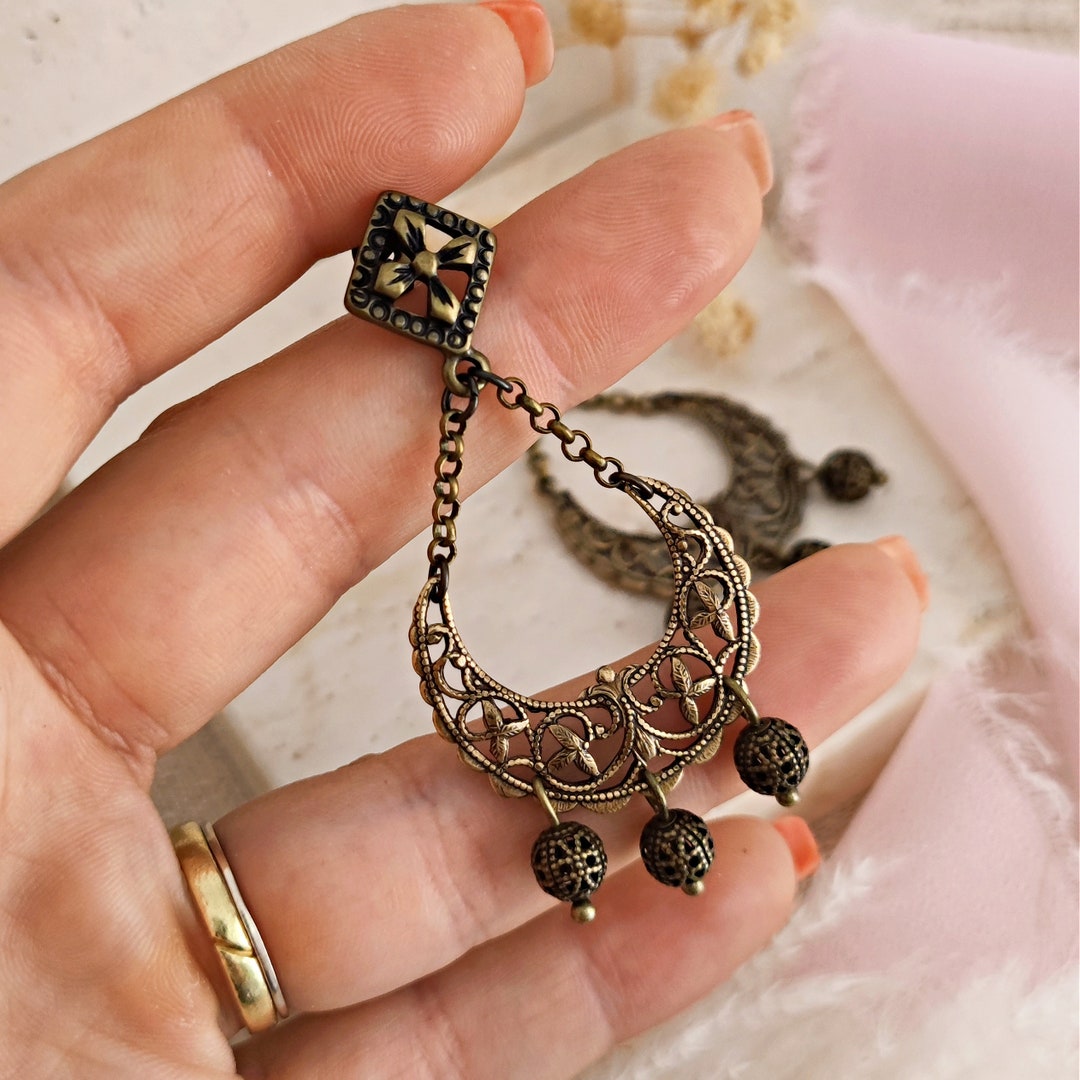 Mary Stuart Inspired Ornate Moon Filigree Bronze Earrings - LAST PIECE ...