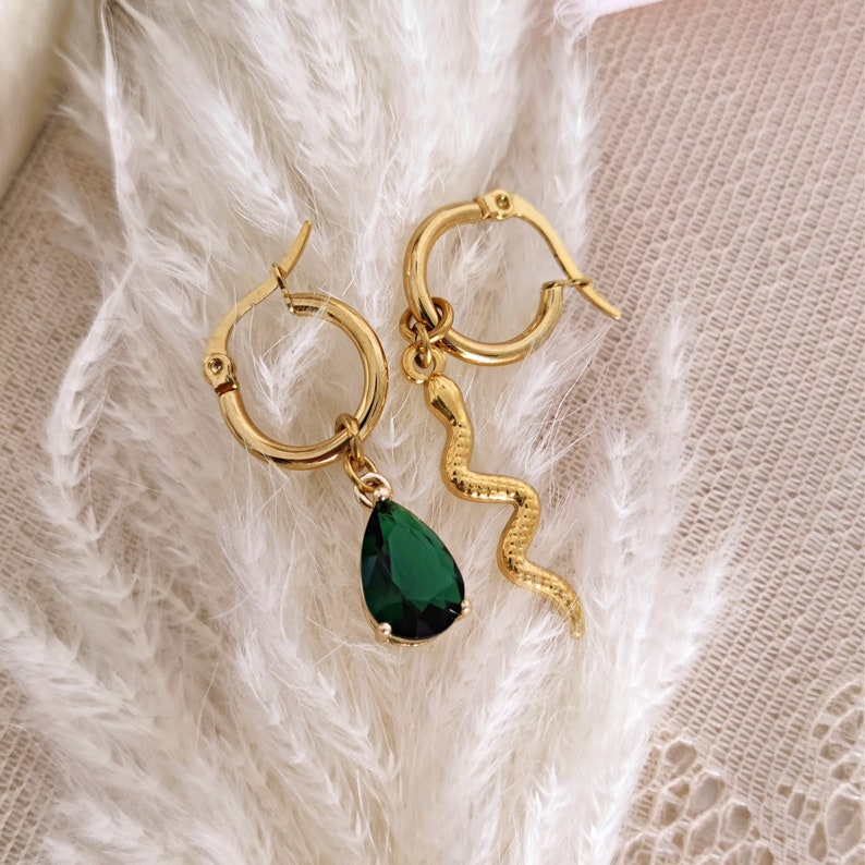 Mismatched Snake Earrings: Gold Serpent Hoops With Emerald Green Drop ...