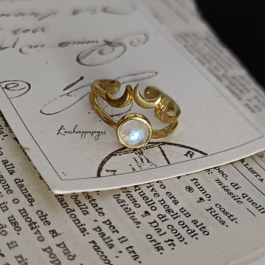Moon Phases Ring With Moonstone, Adjustable Triple Moon Raw Brass Ring, Lunar Phases Ring - Etsy