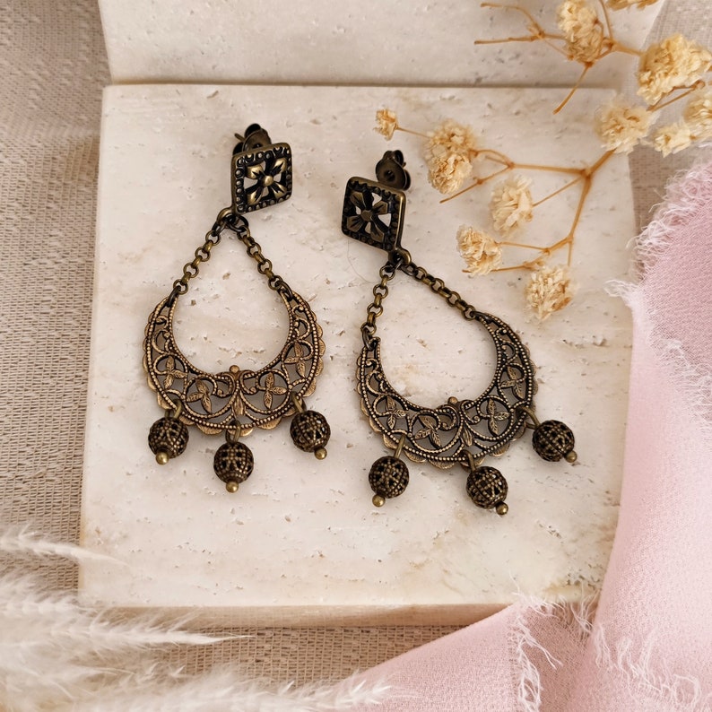 Mary Stuart Inspired Ornate Moon Filigree Bronze Earrings - LAST PIECE ...