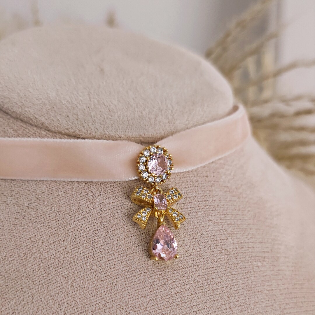 Coquette Pink Velvet Bow Choker: 18k Gold Cubic Zirconia Teardrop - Etsy