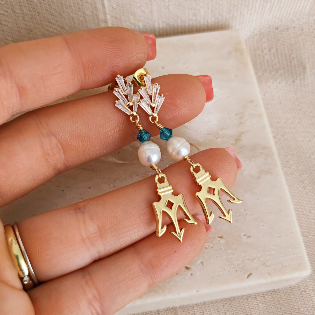 Poseidon Trident Dangle Earrings: Pearl & Zircon Greek Mythoogy Jewelry ...
