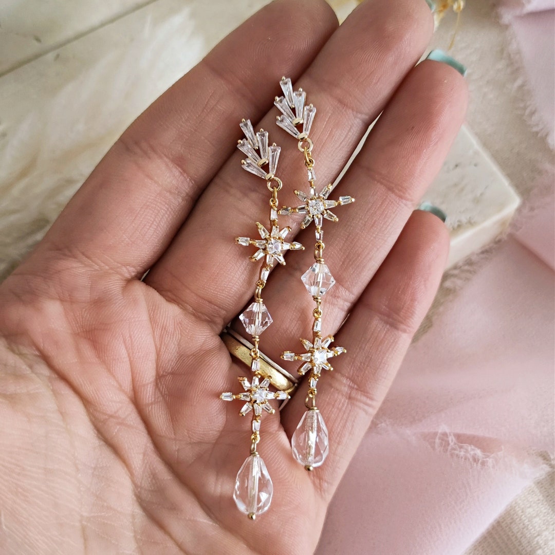 Celestial Bridal Earrings, Long Starburst Earrings, Sparkling Stars ...