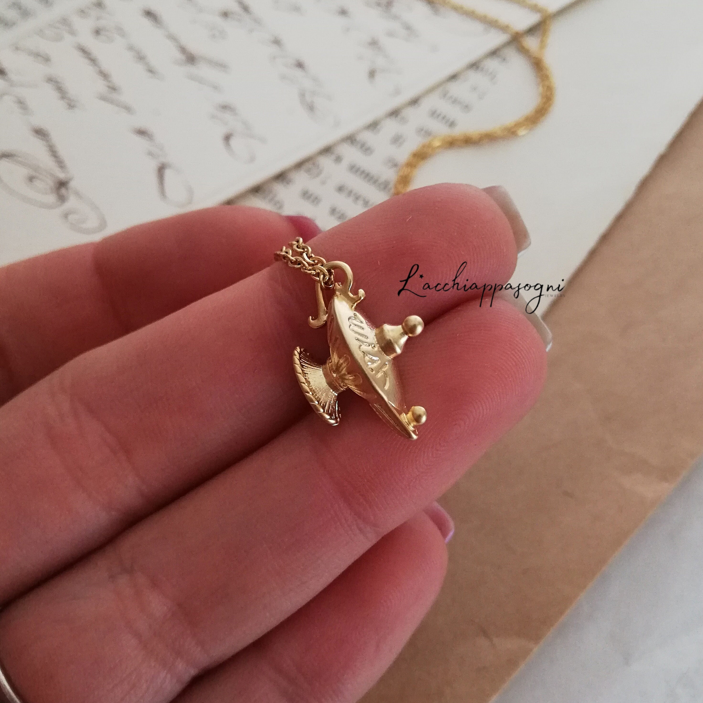 Gold Genie Lamp Necklace: Engraved Wish Charm - Etsy