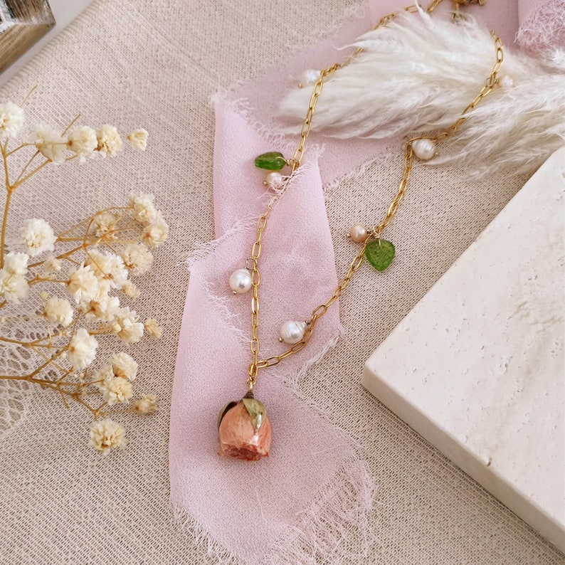 Fairycore Rose Bud Necklace: Freshwater Pearls, Czech Glass Leaves ...