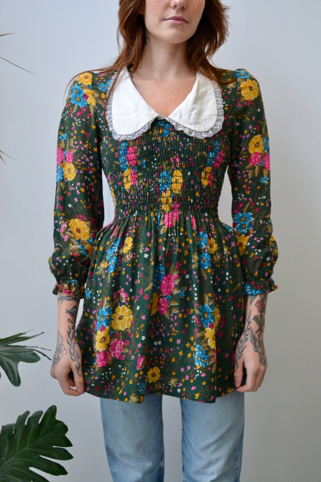 Sixties/seventies marsi's Dark Green Floral Mini Dress/long Top - Etsy