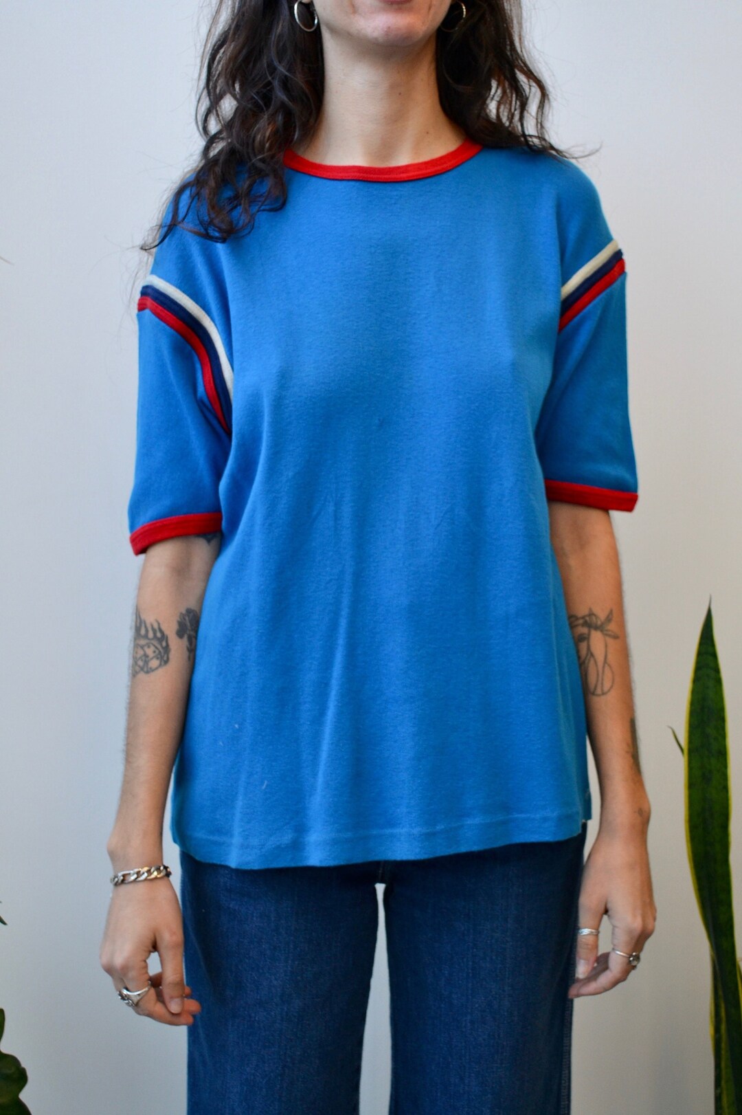 Vintage royal Knight Combed Cotton Cobalt Blue Ringer Tee - Etsy