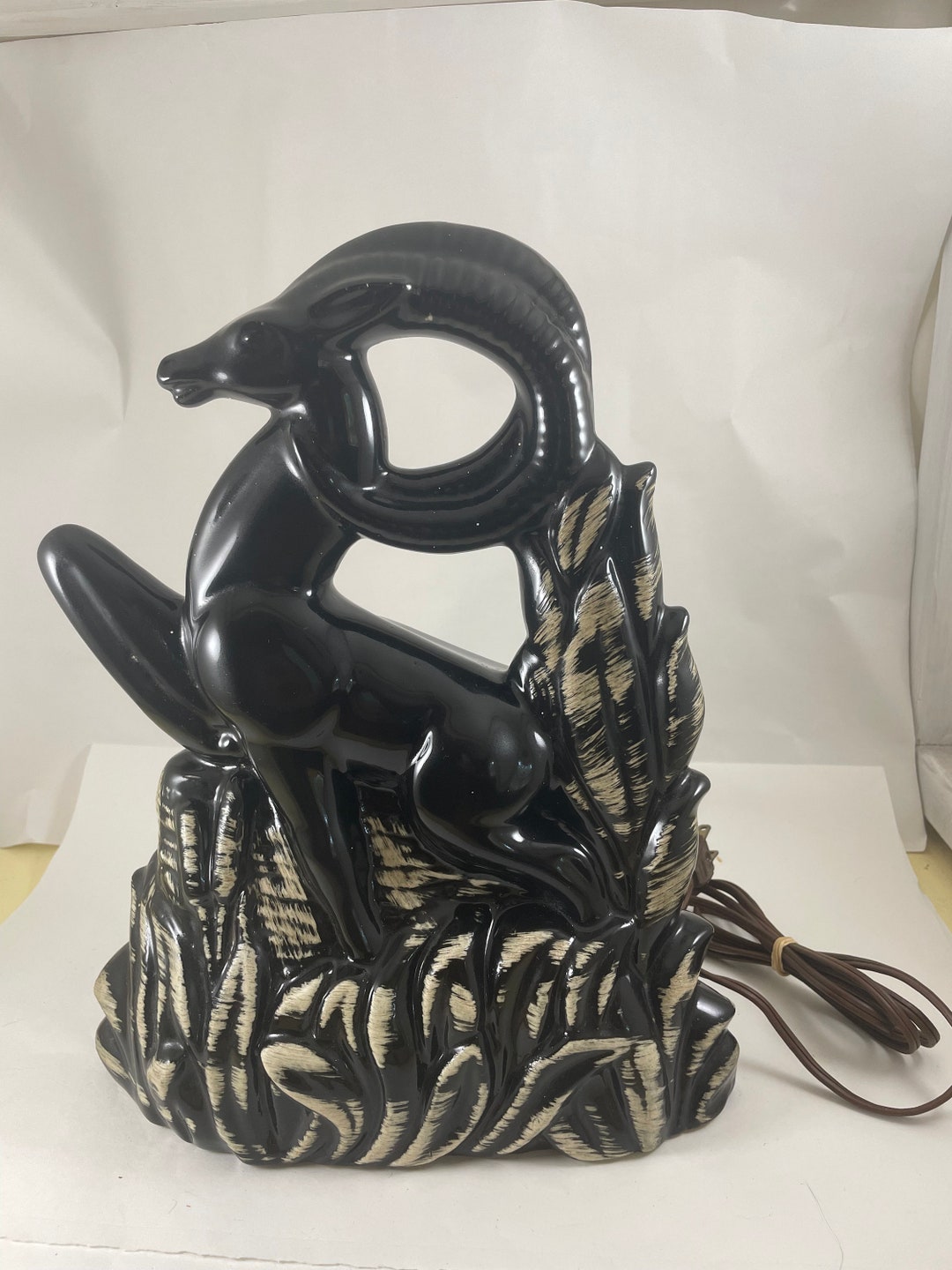 Black Ram Curved Horns Ceramic TV Lamp Vintage Home Decor Night Light ...