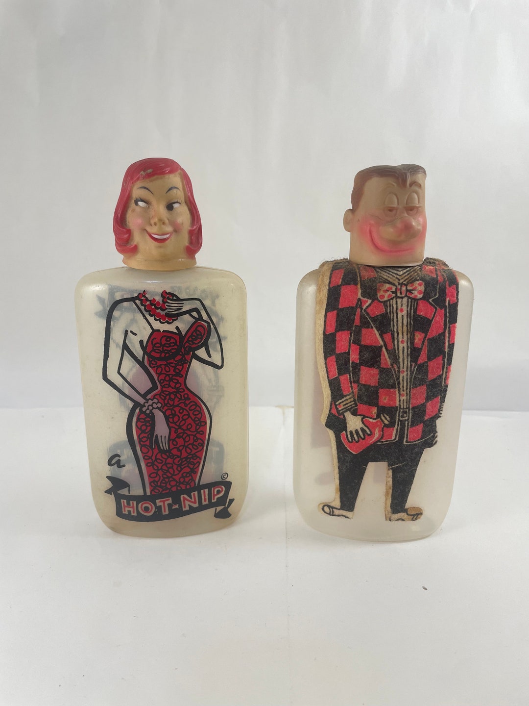 Vintage Flask Set Drunk Man Red Head Sexy Woman Aged Sold AS IS Hot Nip ...