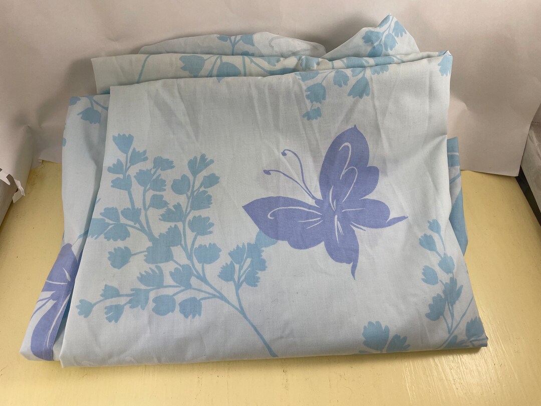 Blue Butterfly Flower Twin Fitted Bed Sheet 70s Floral Linens Fabric ...
