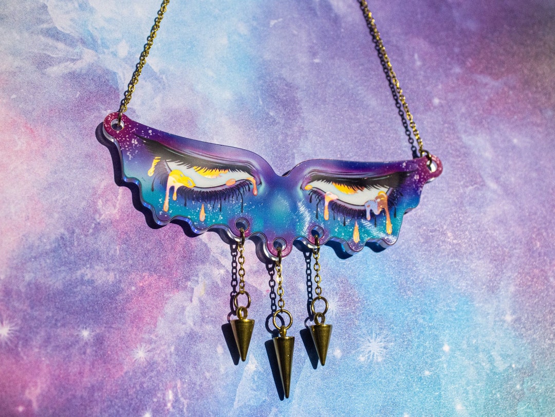 Holographic Crying Eyes Necklace: Galaxy Tears, Gold Spikes - Etsy