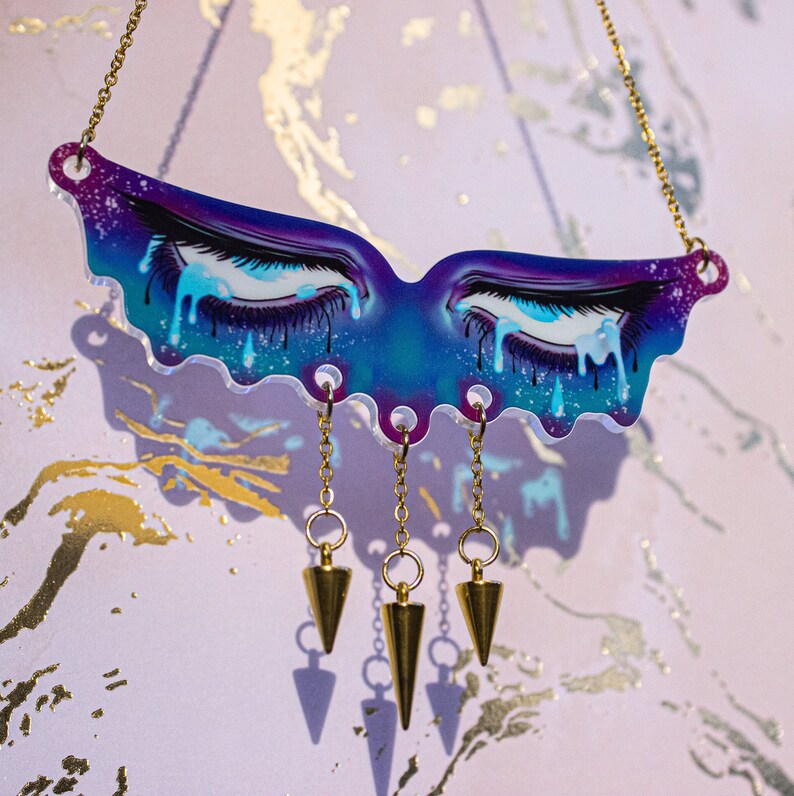 Holographic Crying Eyes Necklace: Galaxy Tears, Gold Spikes - Etsy