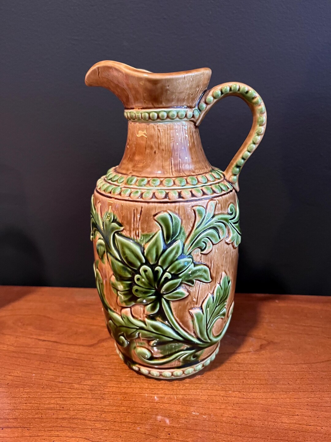 Vintage INARCO Japan Leaf Pitcher Vase E-3415|green & Brown Majolica ...