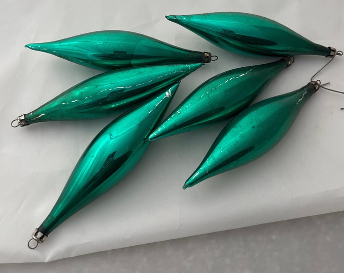 Six Vintage Green Tear Drop Glass Ornaments,1950s Christmas Tree ...