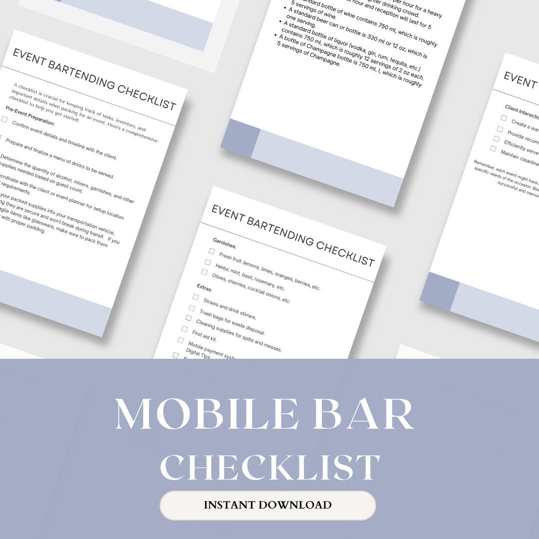 Essential Event Bartender Set up Checklist, Editable Supplies List, and ...