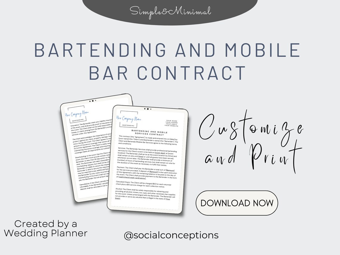 Bartender & Mobile Bar Event Contract Template for Weddings and Event ...