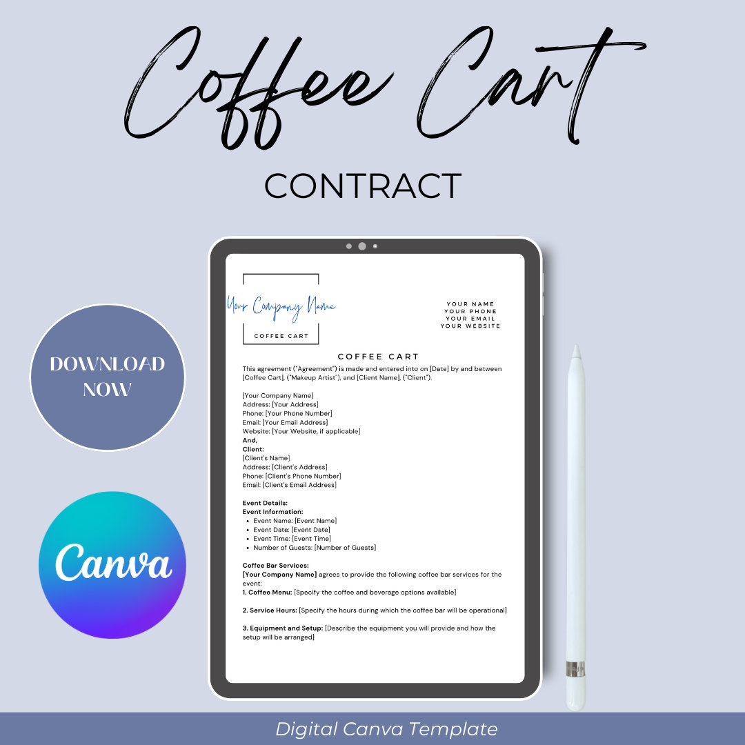 Coffee Cart Contract, Coffee Bar Contract Customizable Canva Template and Services Agreement ...