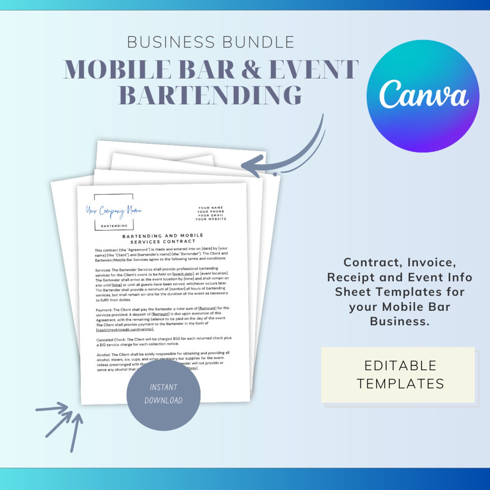 Bartending Contract and Business Editable Canva Templates, Invoice and ...