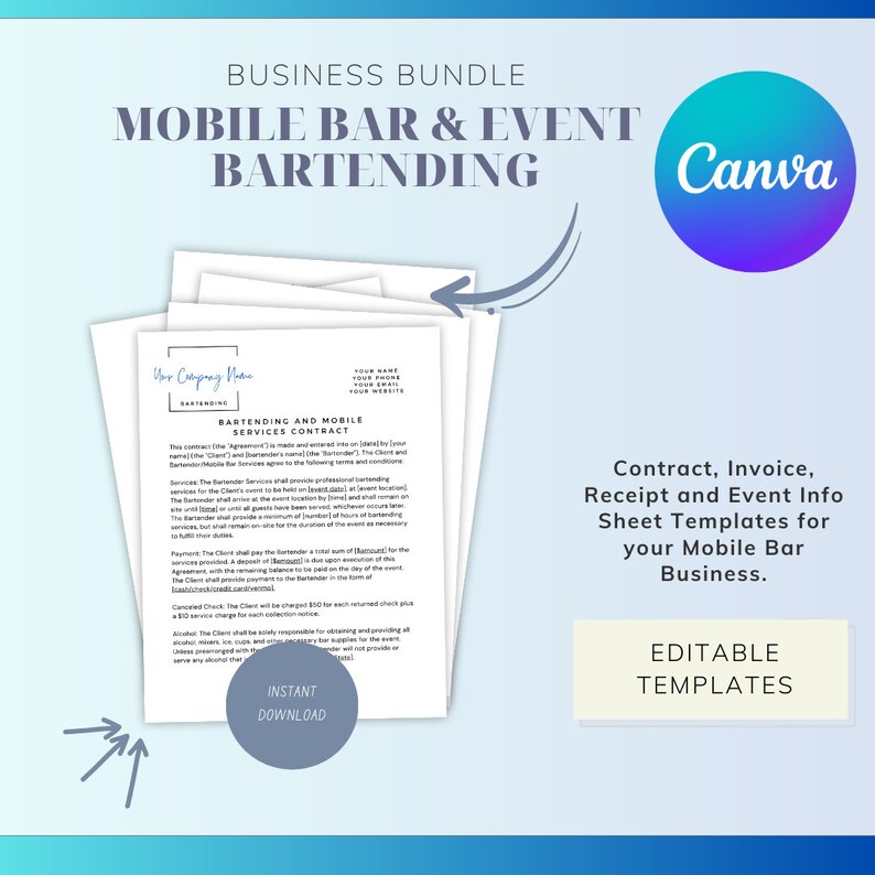 Bartending Contract and Business Editable Canva Templates, Invoice and ...
