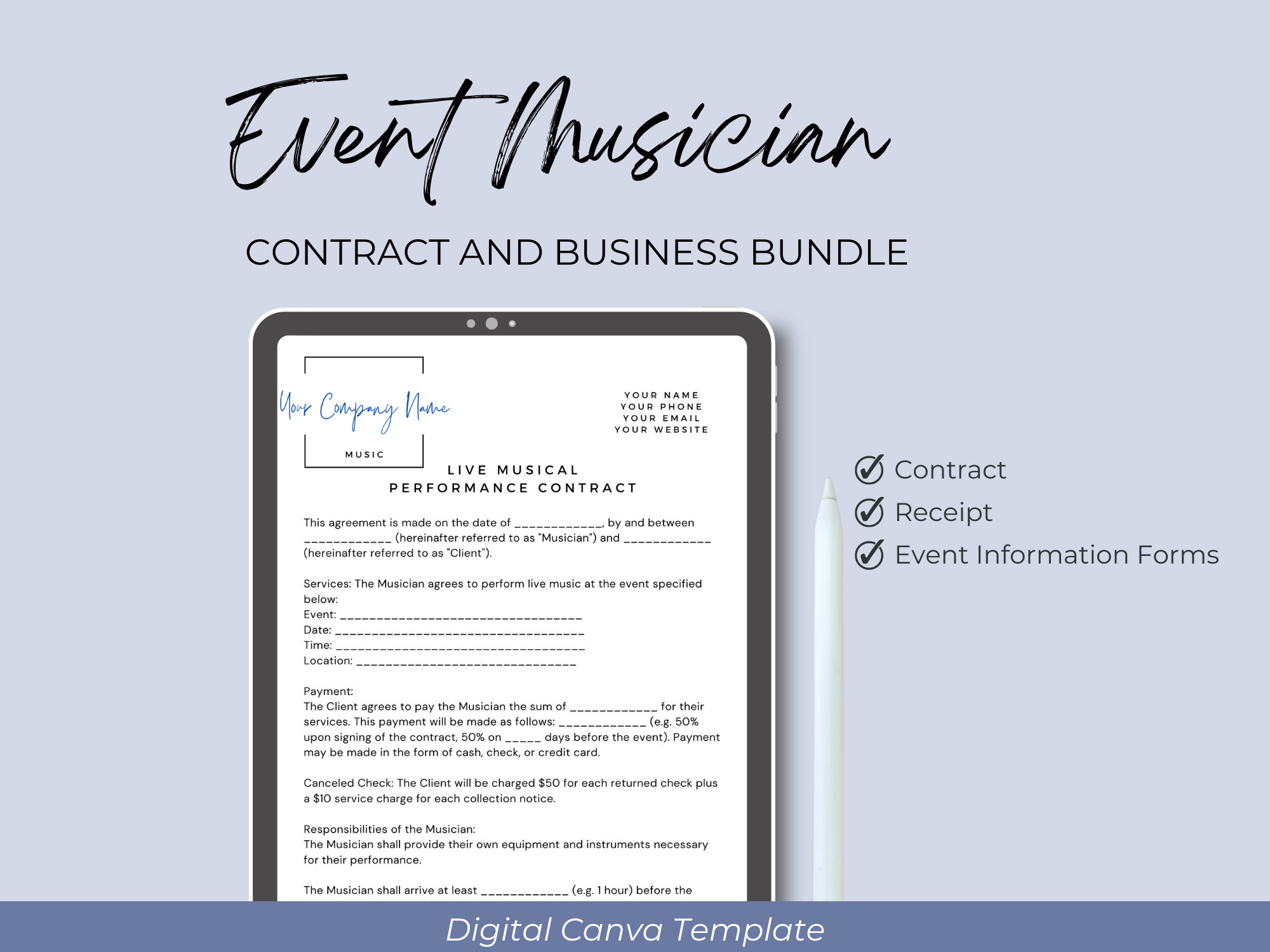 Musician Contract Bundle Contract Invoice Event Info Form Live Musical ...