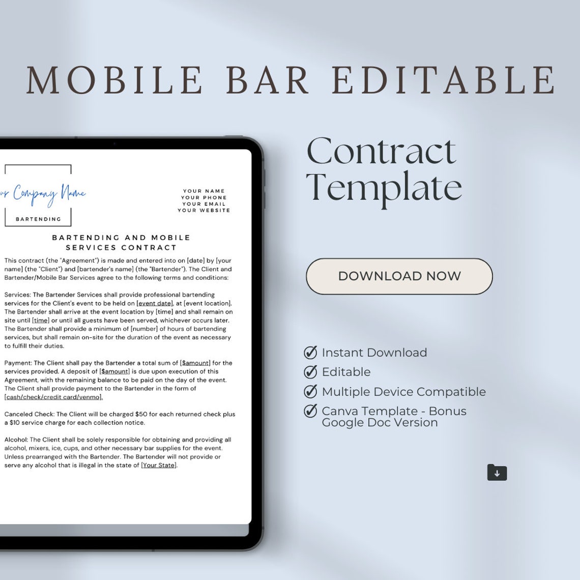 Bartender & Mobile Bar Event Contract Template for Weddings and Event ...