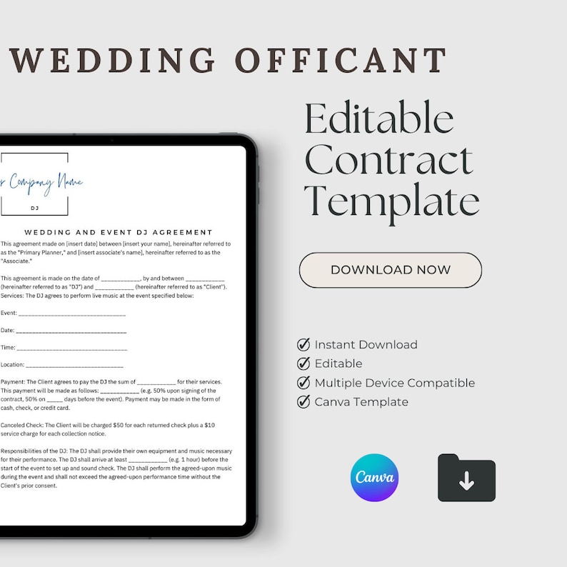 Officiant Contract Canva Template Printable and Editable Wedding ...