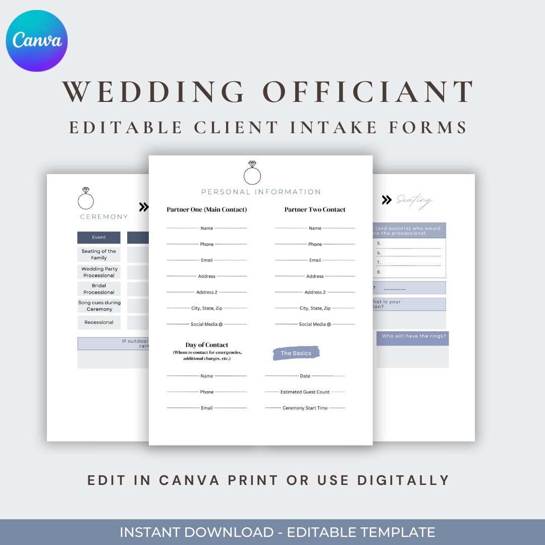 Officiant Wedding Client Intake Form and Questionnaire, Planning Forms ...