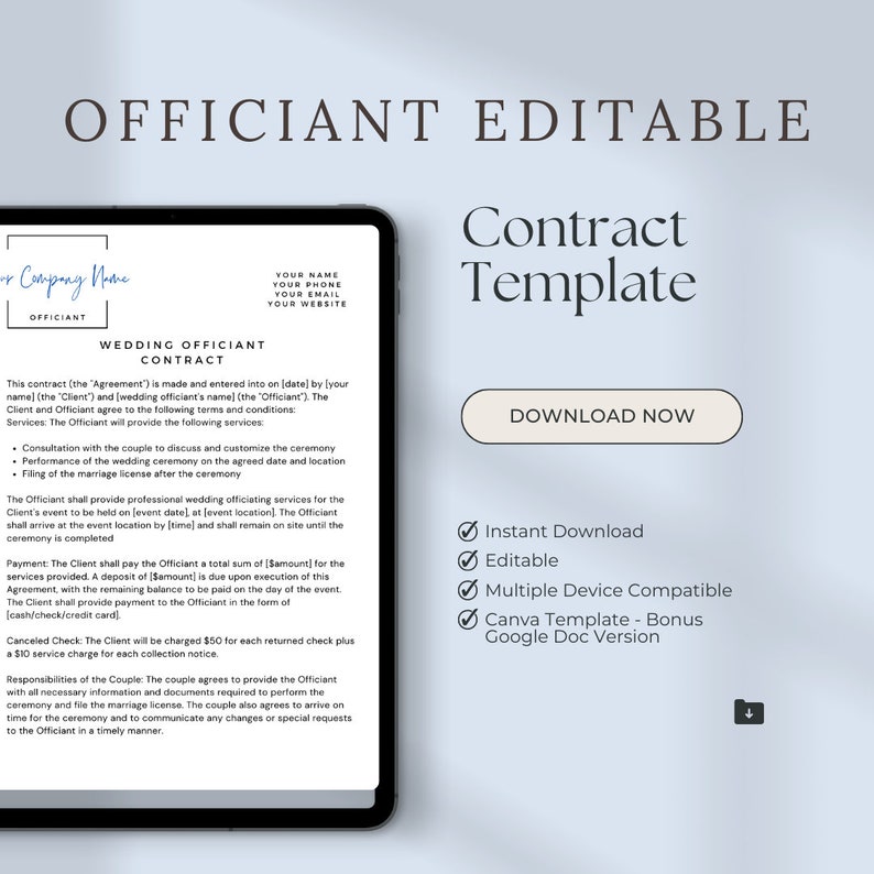 Officiant Contract Canva Template Printable and Editable Wedding ...