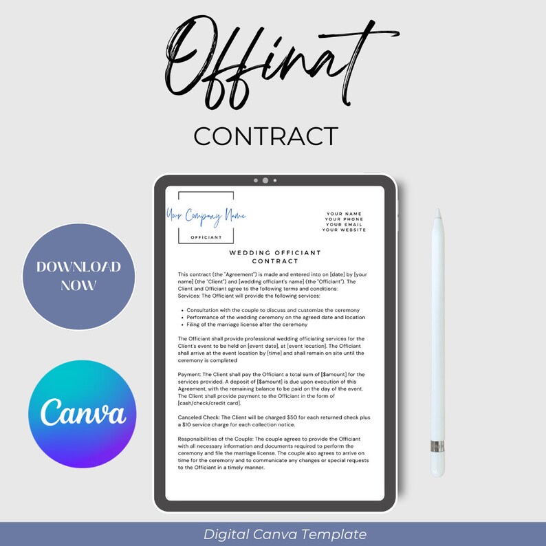 Officiant Contract Canva Template Printable and Editable Wedding Celebrant Agreement for Wedding ...