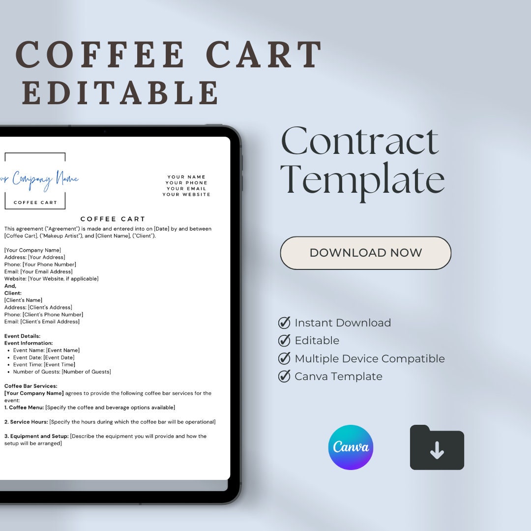 Coffee Cart Contract, Coffee Bar Contract Customizable Canva Template and Services Agreement ...