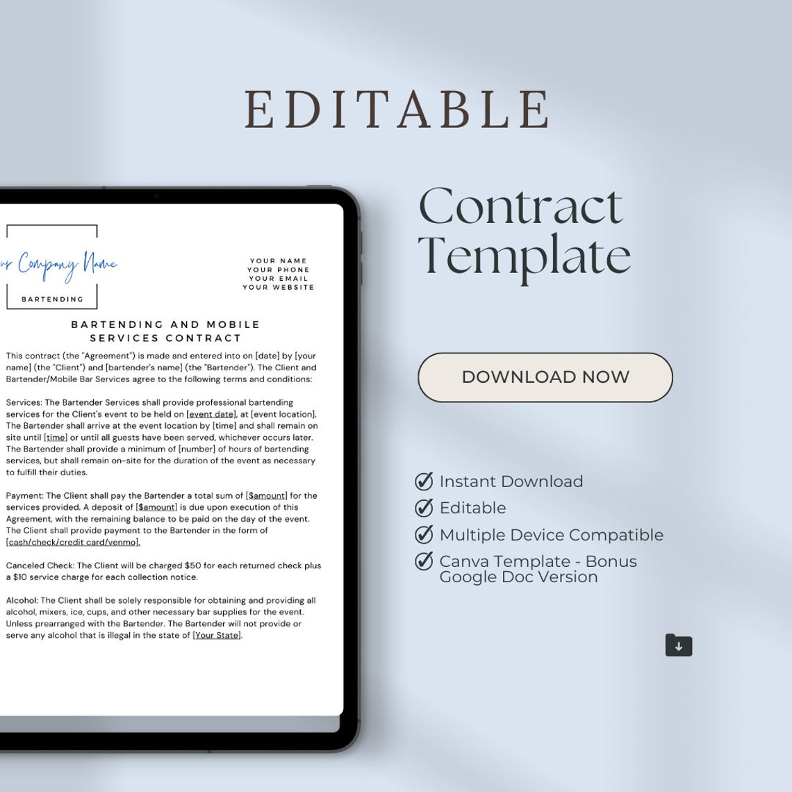 Bartending Contract and Business Editable Canva Templates, Invoice and ...
