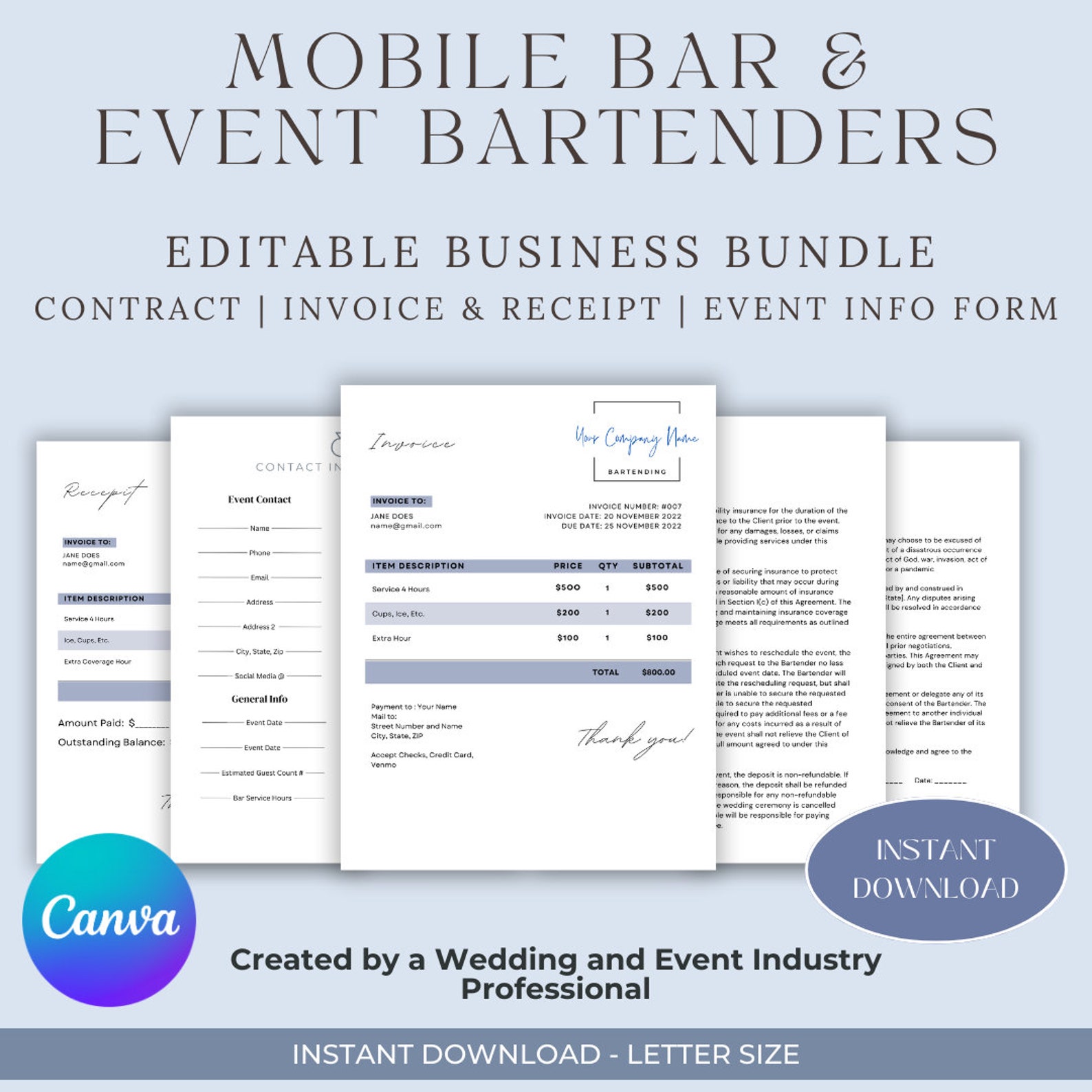 Bartending Contract and Business Editable Canva Templates, Invoice and ...