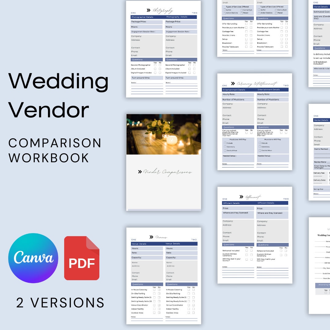 Wedding Vendor Checklist for Wedding Planner Binder, Questionnaire ...
