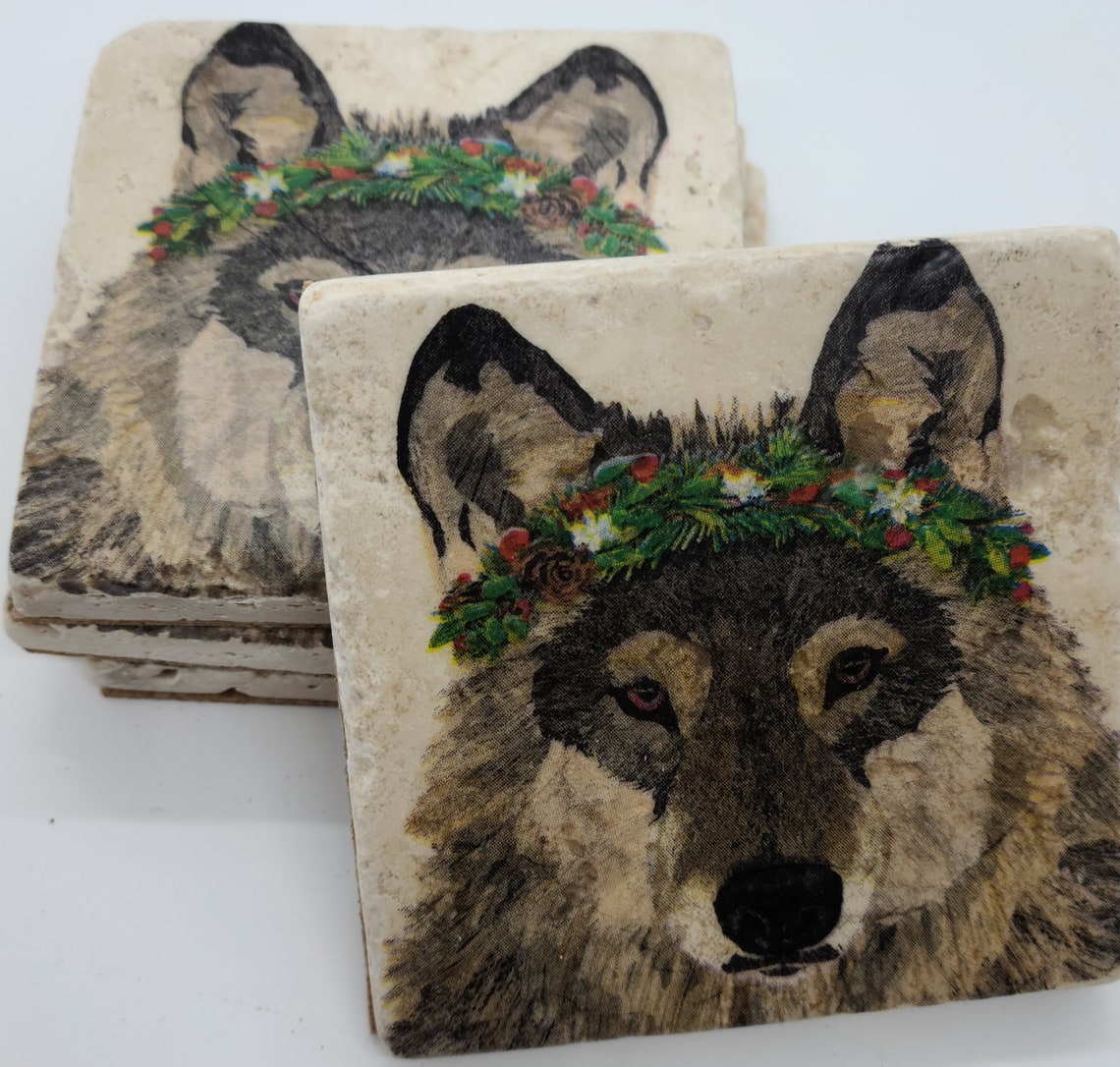 Wolf Coasters Winter Wolf Coasters Wolf en Wreath Coasters - Etsy España