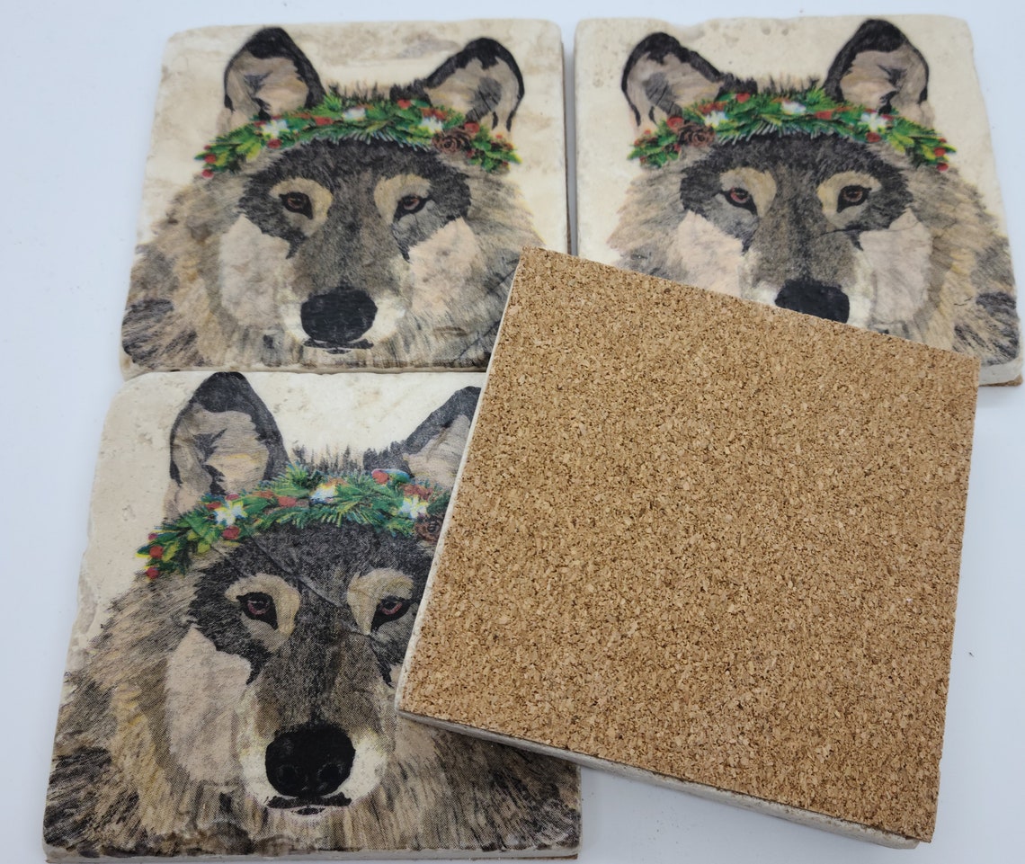 Wolf Coasters Winter Wolf Coasters Wolf en Wreath Coasters | Etsy