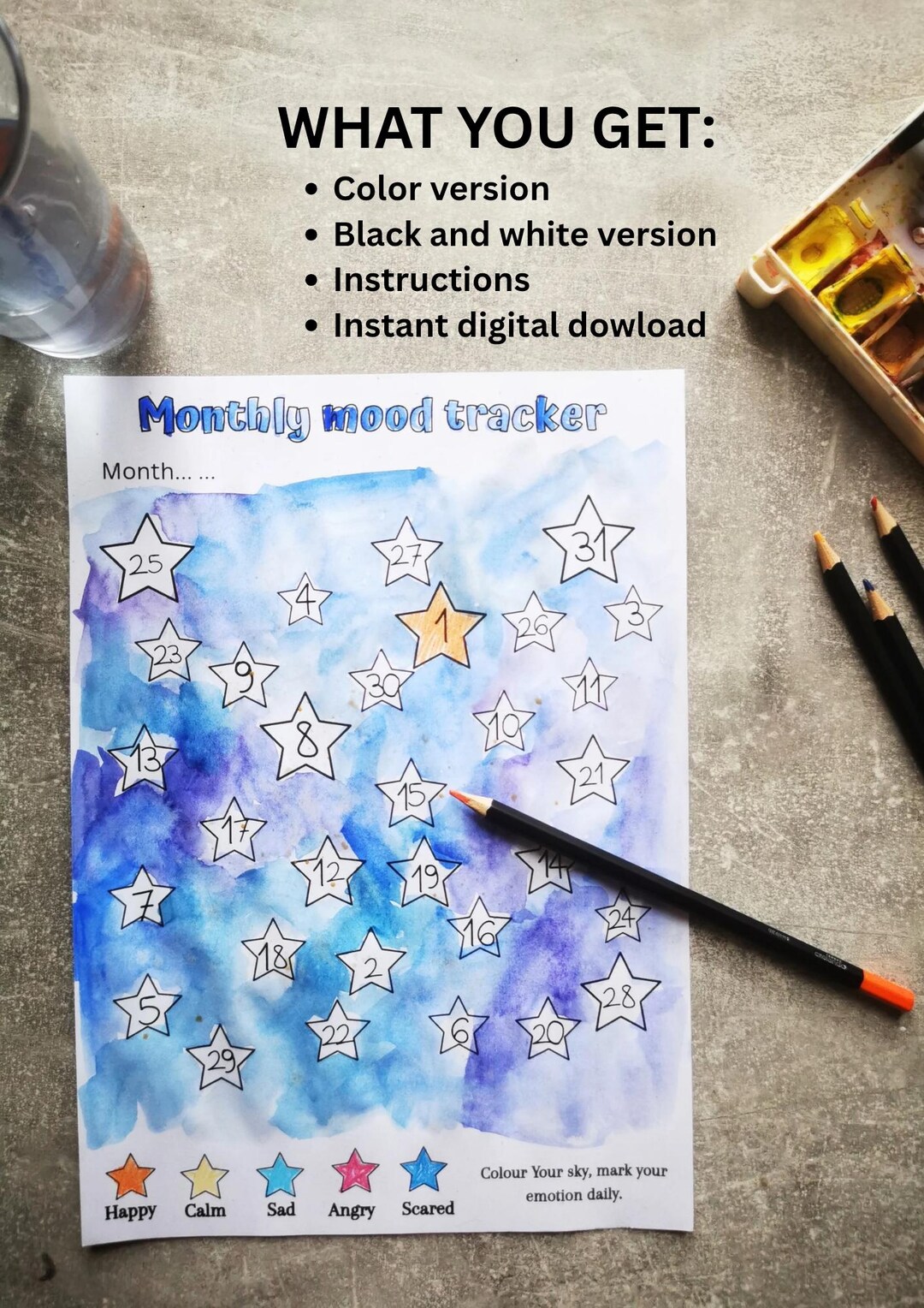 Monthly Mood Tracker Printable/kids Emotional Regulation/ Star Chart ...