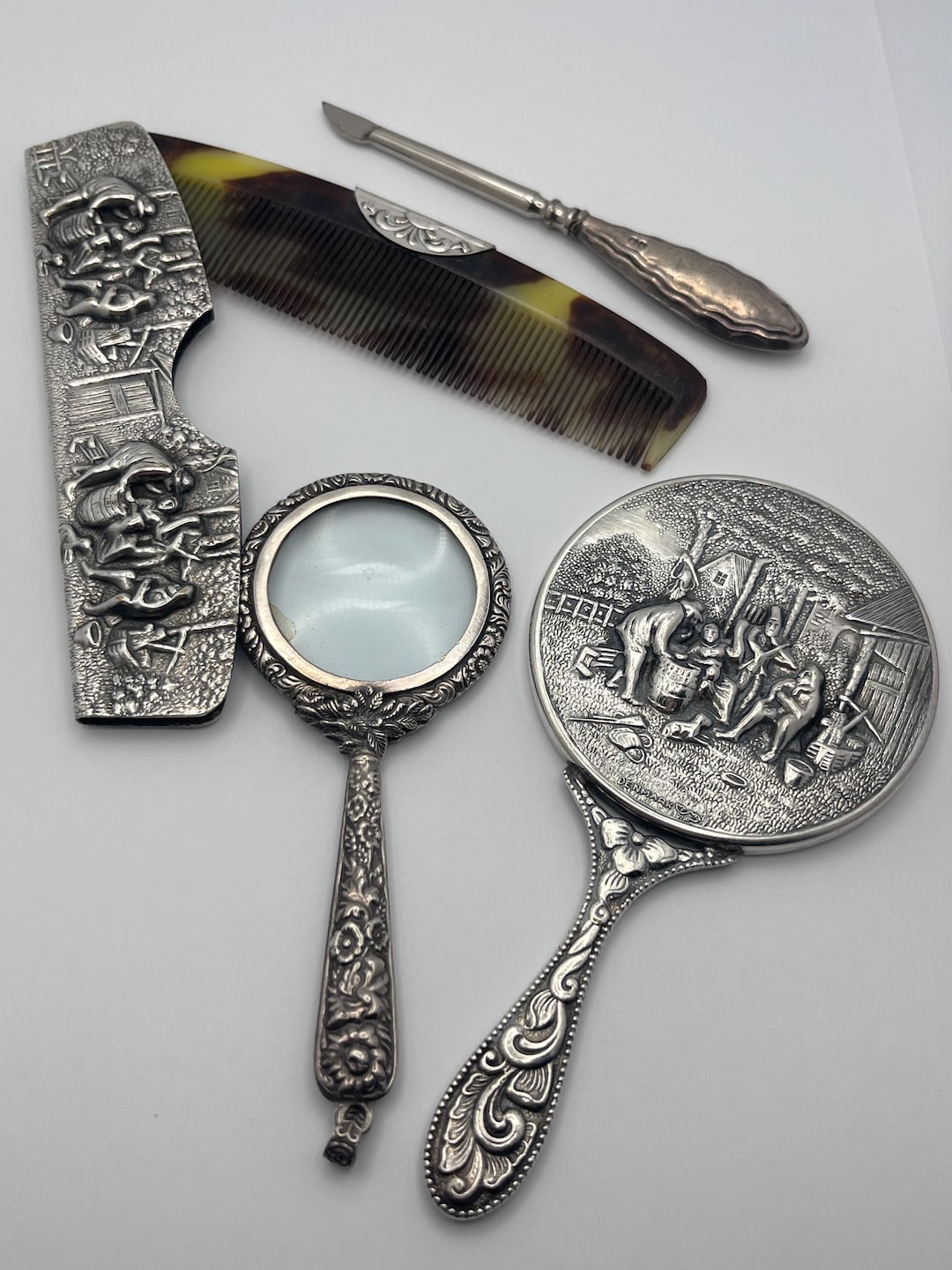 Vintage Hans Jensen Silver Plated Vanity Set | Danish Repoussé Mirror ...