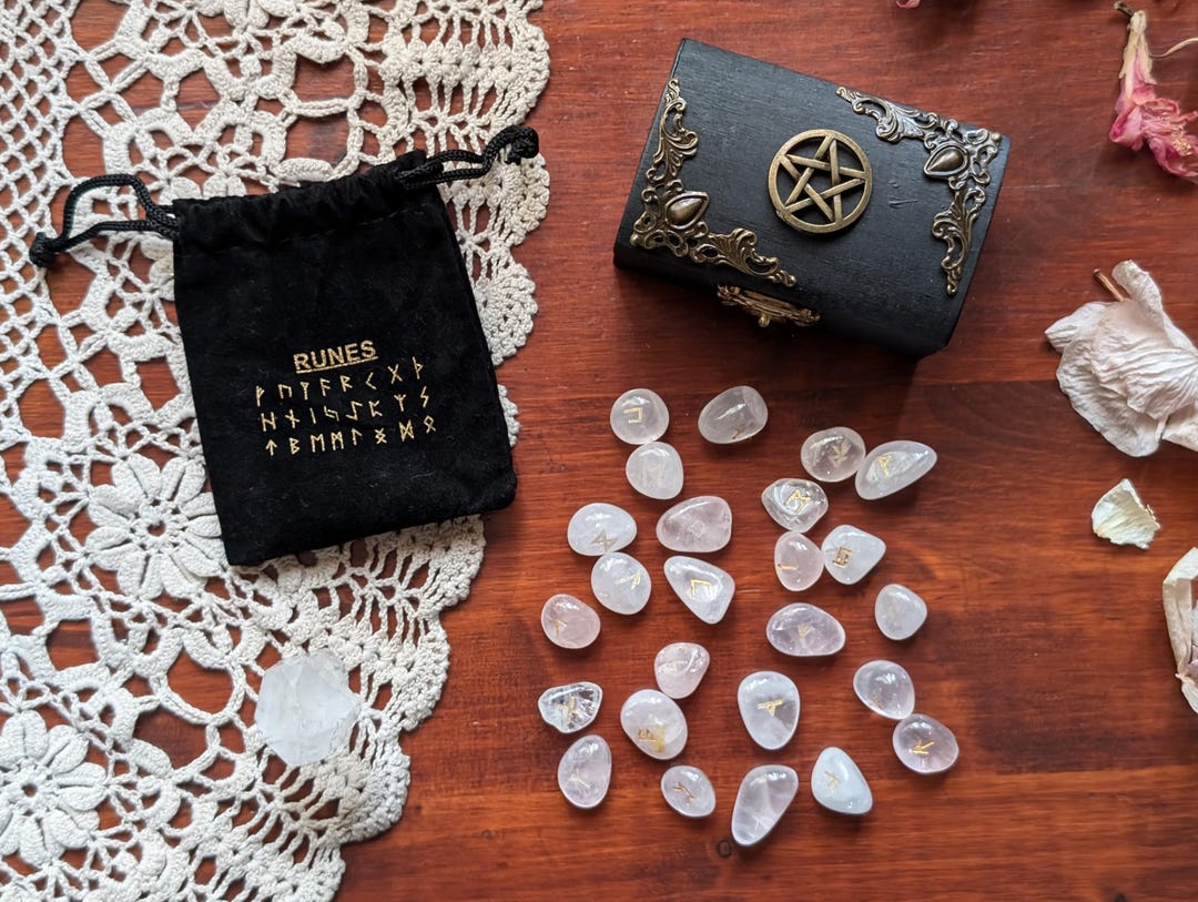Hyaline Quartz RUNES Divination Kit, With Bag and Wooden Box Pocket ...