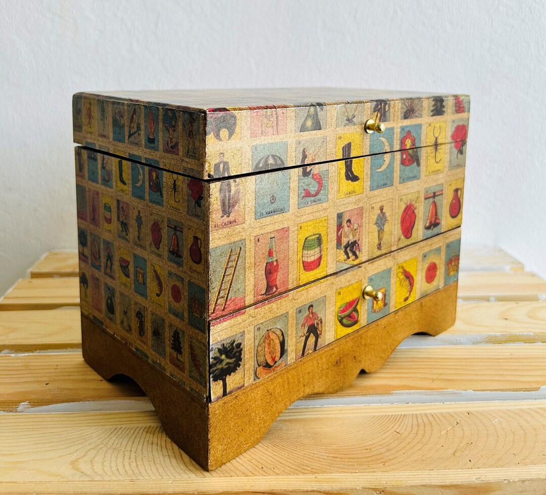 Decoupage on Pinewood Mexican Bingo Loteria 4 Compartments, Lower ...