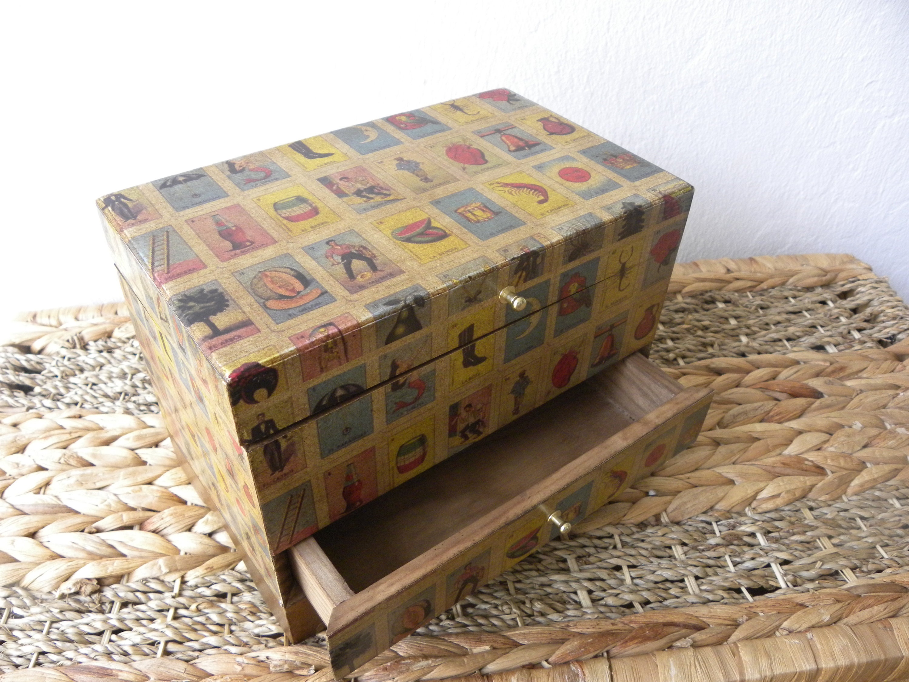 Decoupage on Pinewood Mexican Bingo Loteria Four Compartments, 2 Levels ...