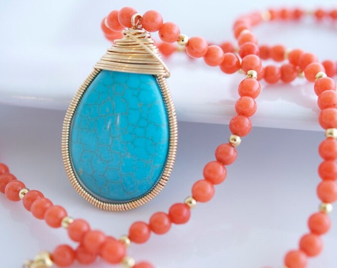 Turquoise and Coral Necklace Turquoise Pendant Bezel Set - Etsy