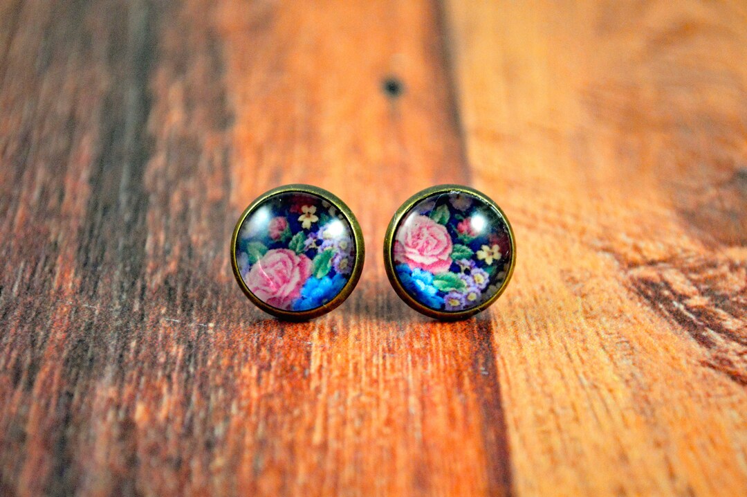 Vintage Floral Stud, Navy Studs, Navy Earrings, Navy Floral Studs, Pink ...