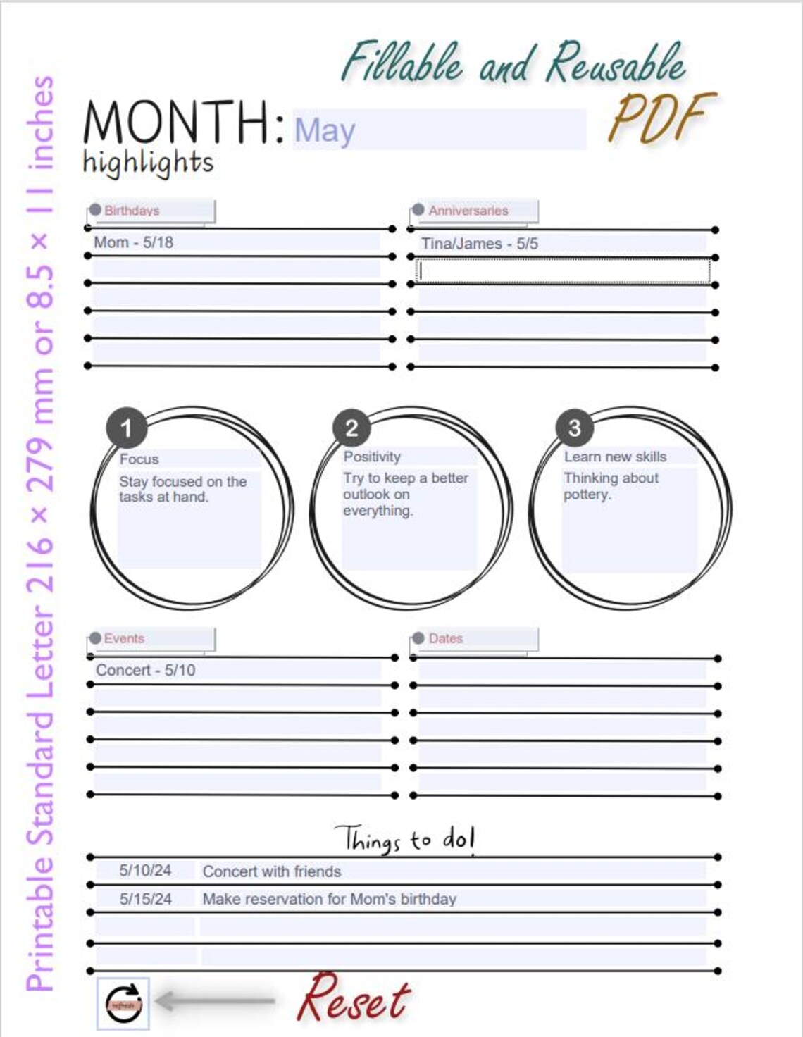 Monthly Highlights - Template Letter Size PDF - Fillable/reusable ...
