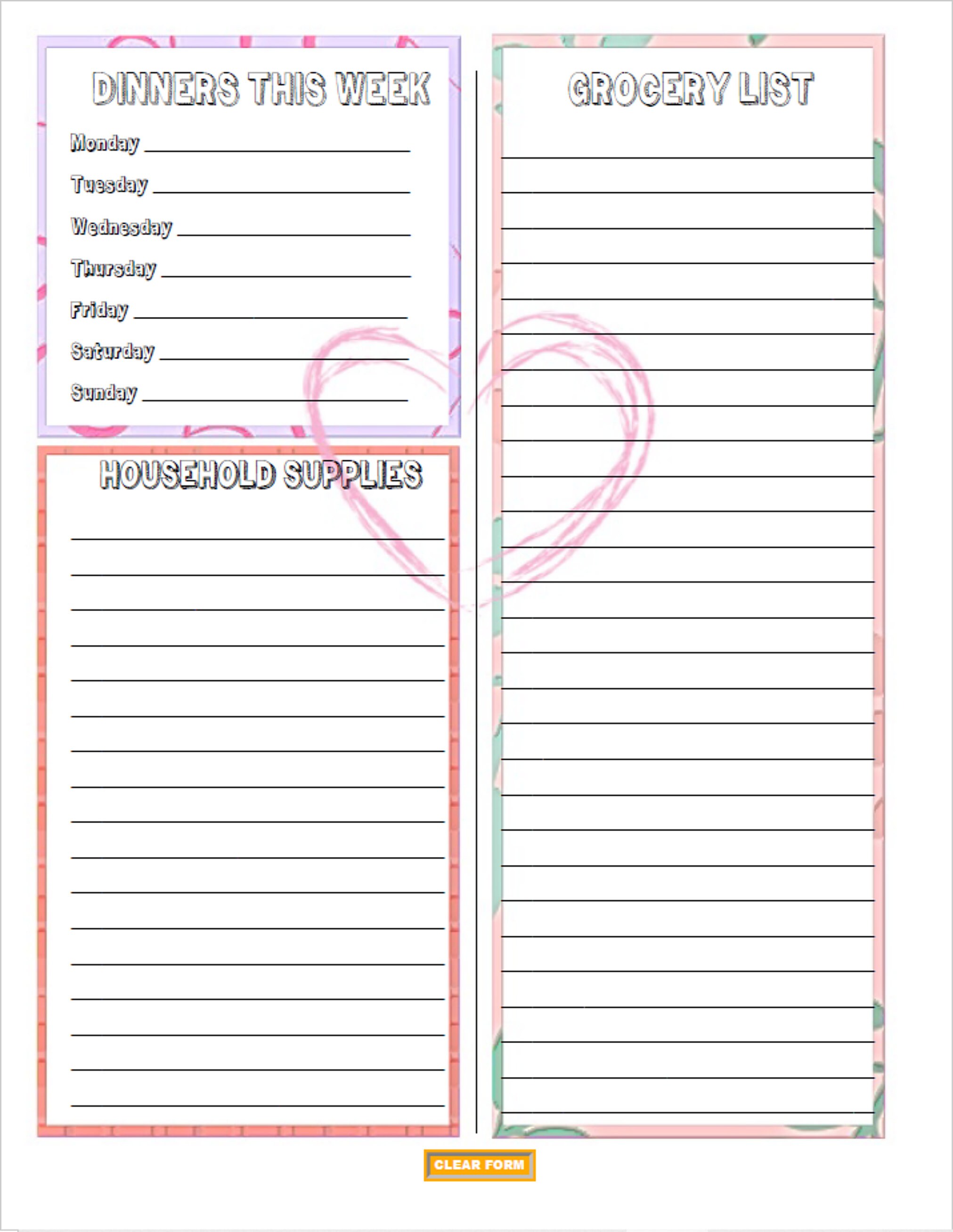 Printable PDF Template Organizer for Weekly Dinner Plans - Fillable ...