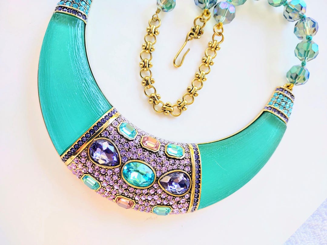 Heidi Daus Beaded Bib Statement Necklace Aqua Single Strand Pave Set ...