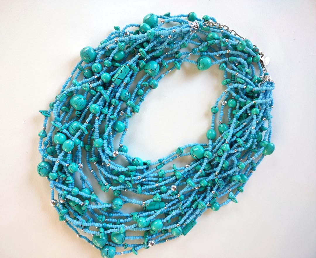 Vintage Suzanne Somers Faux Turquoise Beaded Necklace Multi Strand Blue ...