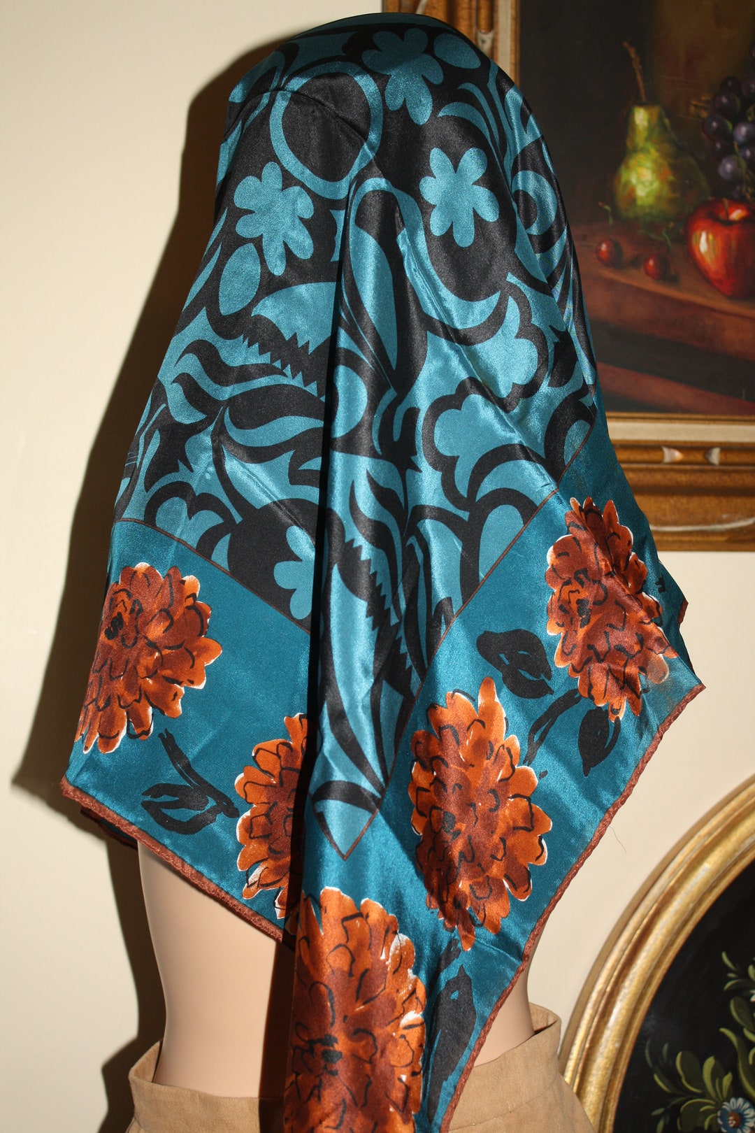 Vintage VERA C Silk Scarf Beautiful Scarves Deep Blue Brown - Etsy
