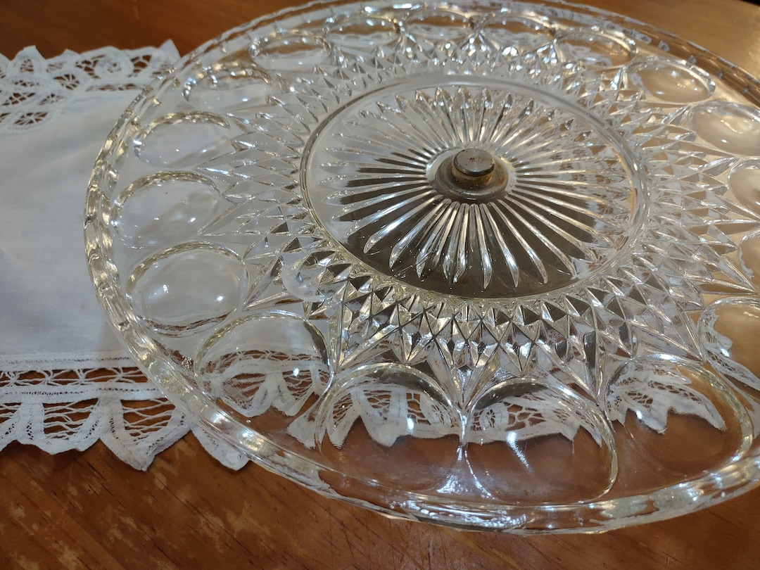 Vintage Pedestal Cake Plate Glass Silver Plate Decorative Thumbprint ...